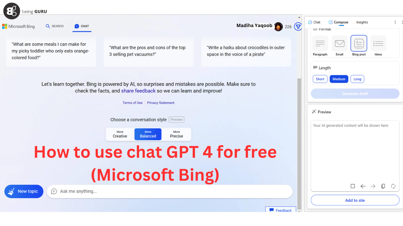 How to use chat GPT 4 for free (Microsoft Bing) | Being Guru