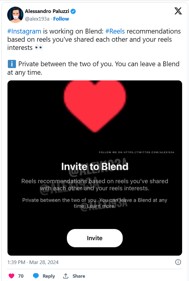 Instagram is developing Blend feature for recommended Reels